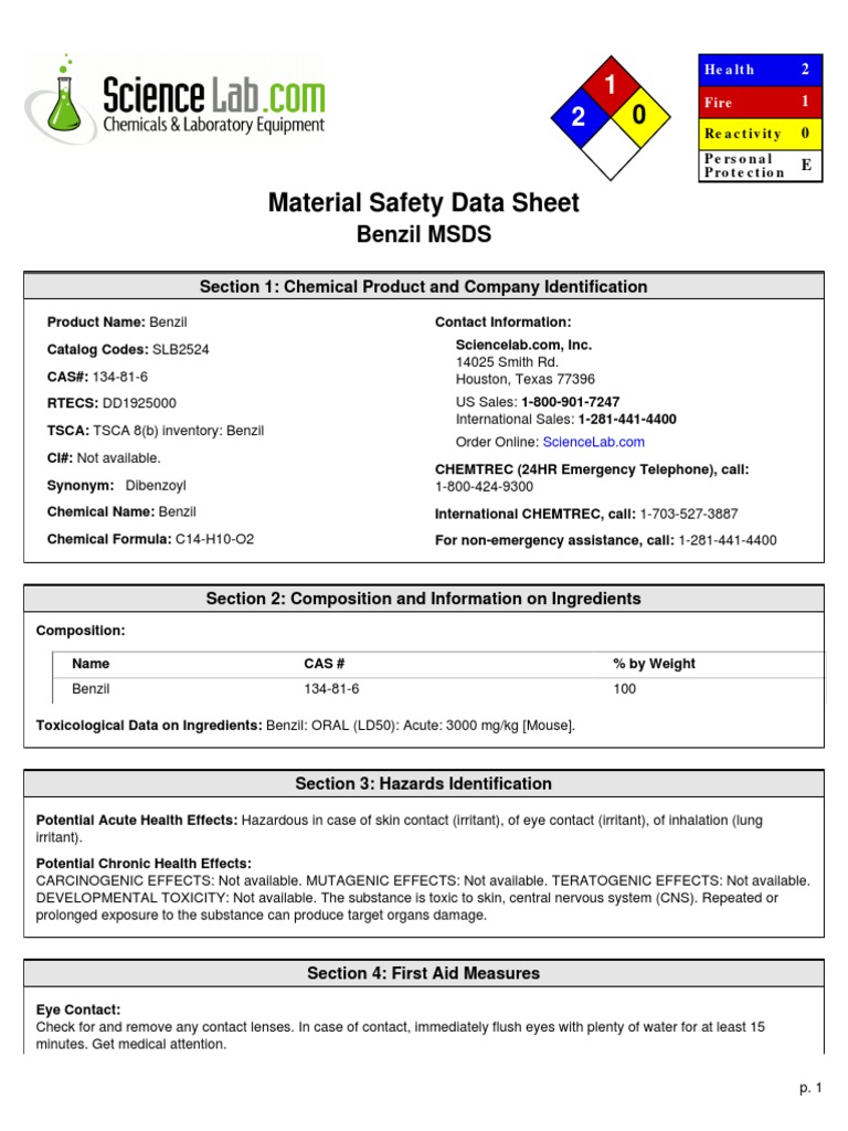 Benzil MSDS: Safety and Handling Guide | PDF | Toxicity | Personal ...