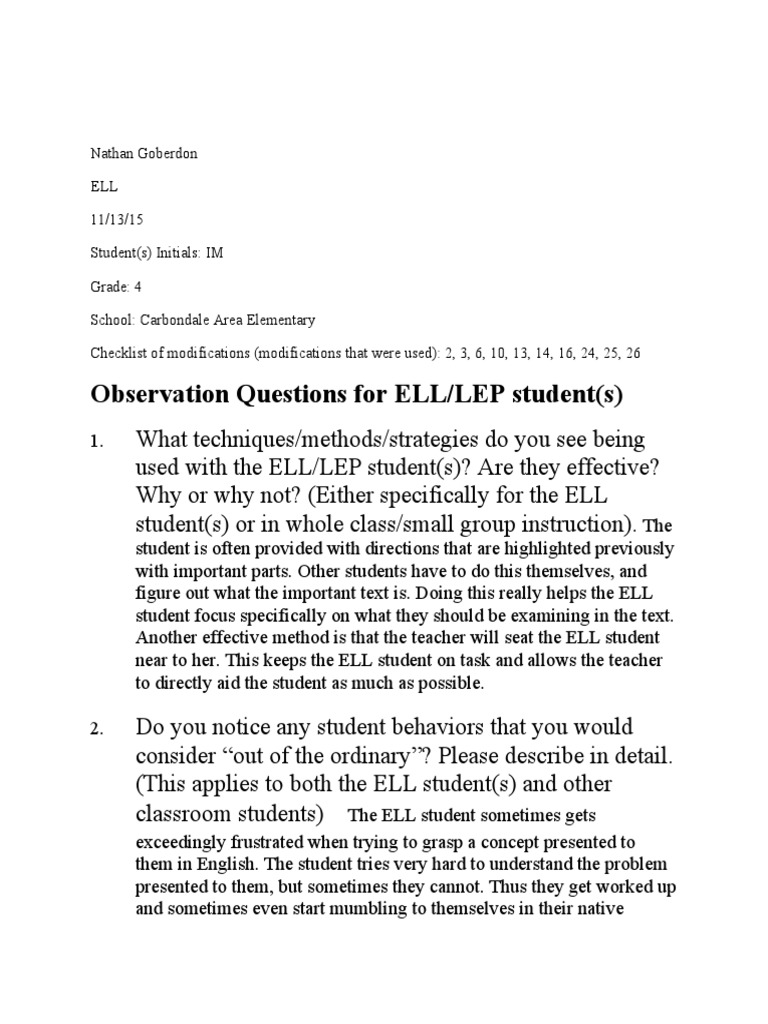 Observation Questions For Ell | PDF | Classroom | Teachers