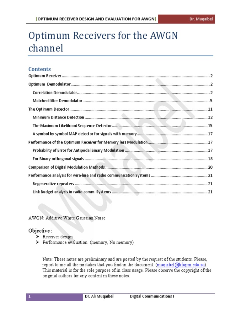 Optimum Receivers For AWGN PDF | PDF | Detector (Radio) | Data Transmission