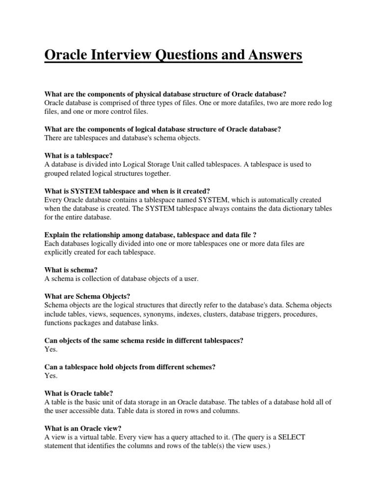 Oracle Interview Small Line Questions-PRINT | Download Free PDF | Oracle Database | Database Index