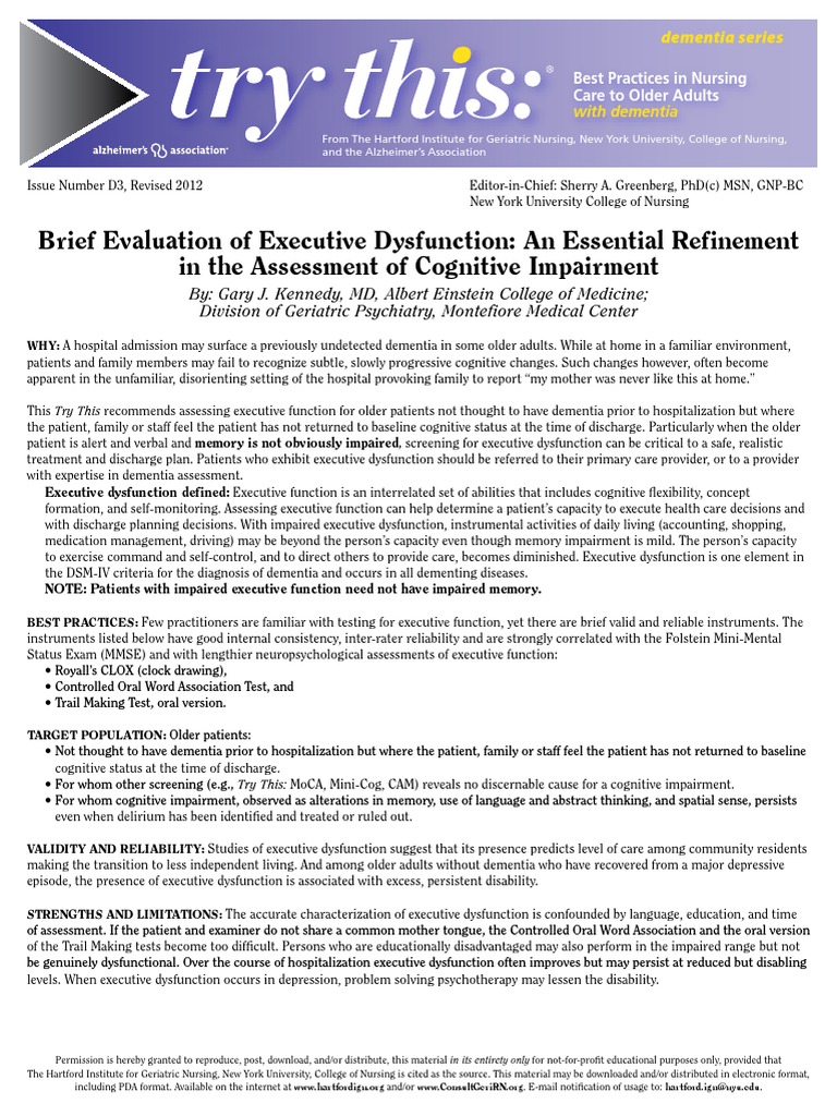 Executive Dysfunction in Older Adults | PDF | Dementia | Medical ...