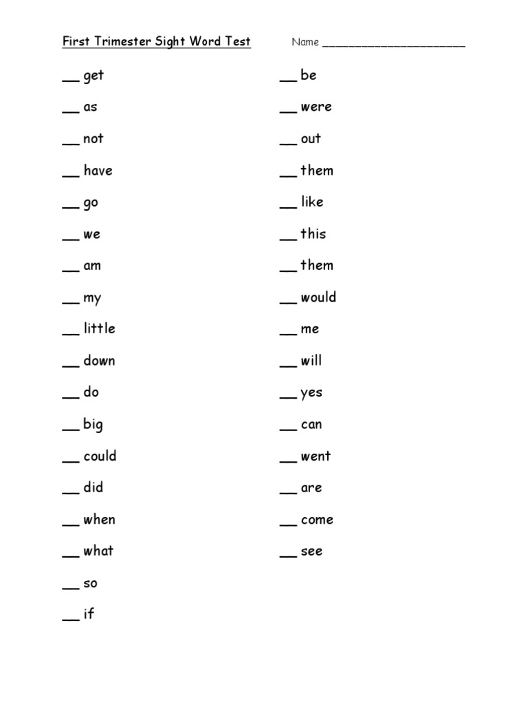 First Trimester Sight Word Test Pdf
