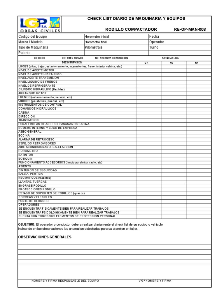 RE OP MAN 008, Check List Rodillo Compactador | PDF