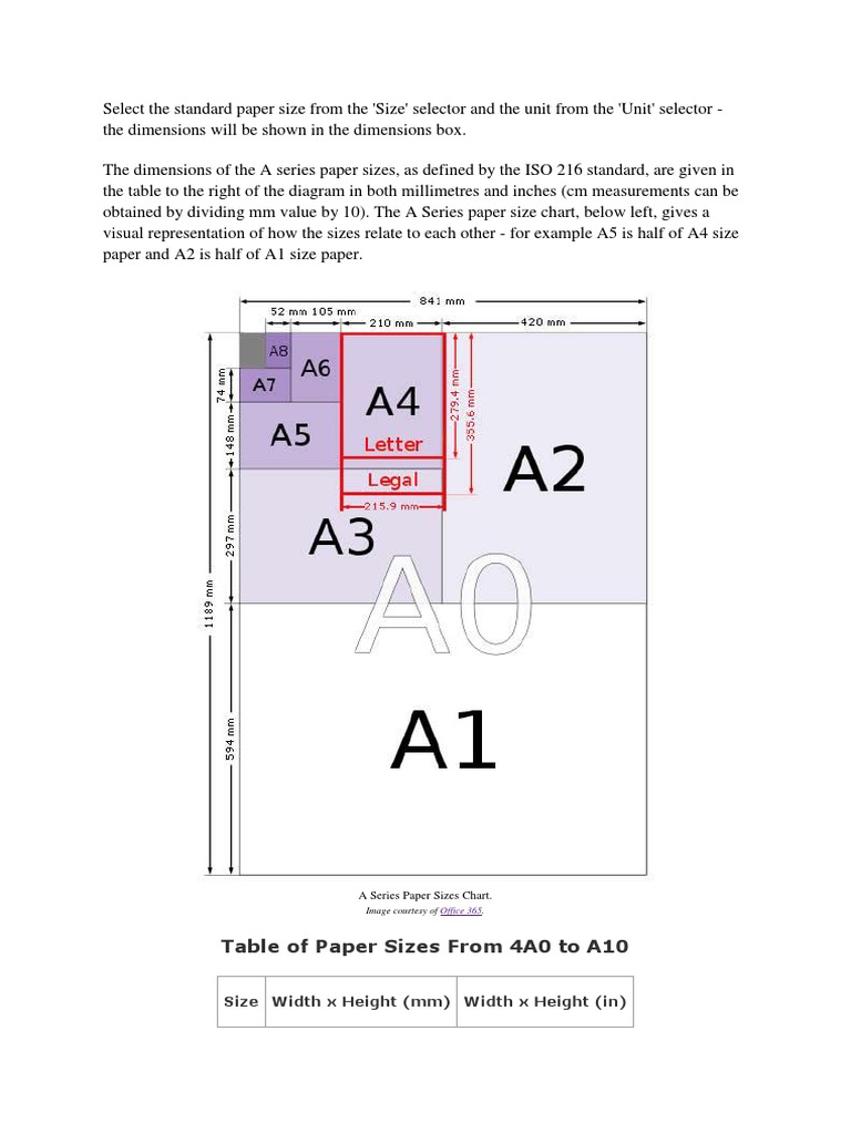 Table of Paper Sizes From 4A0 To A10: Size Width X Height (MM) Width X ...