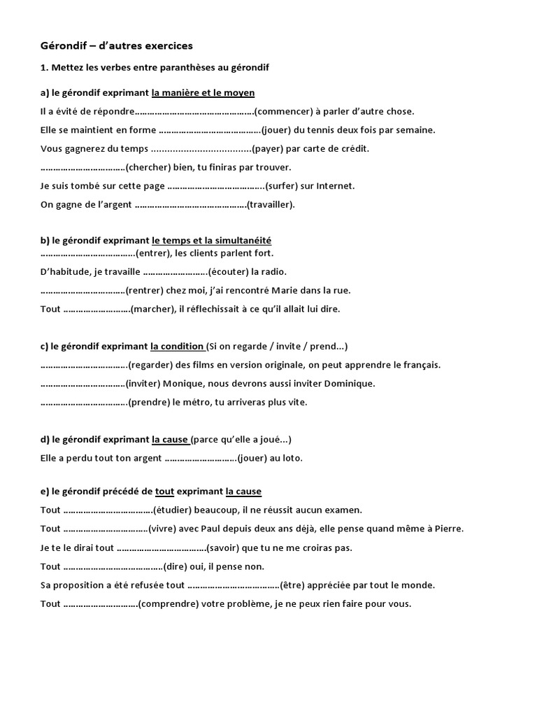 Exercices sur le gérondif en français | PDF