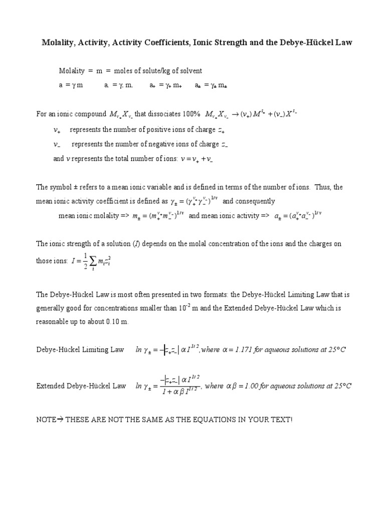 Molality, Activity, Activity Coefficients, Ionic Strength and The Debye ...