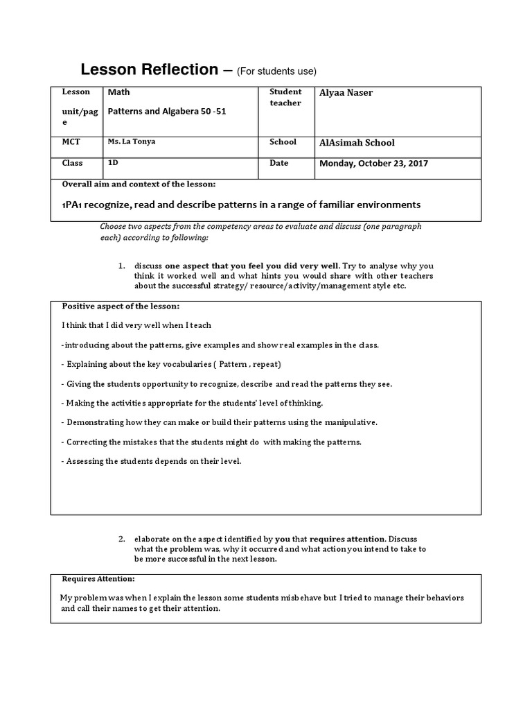 Lesson Reflection Math 2 | PDF