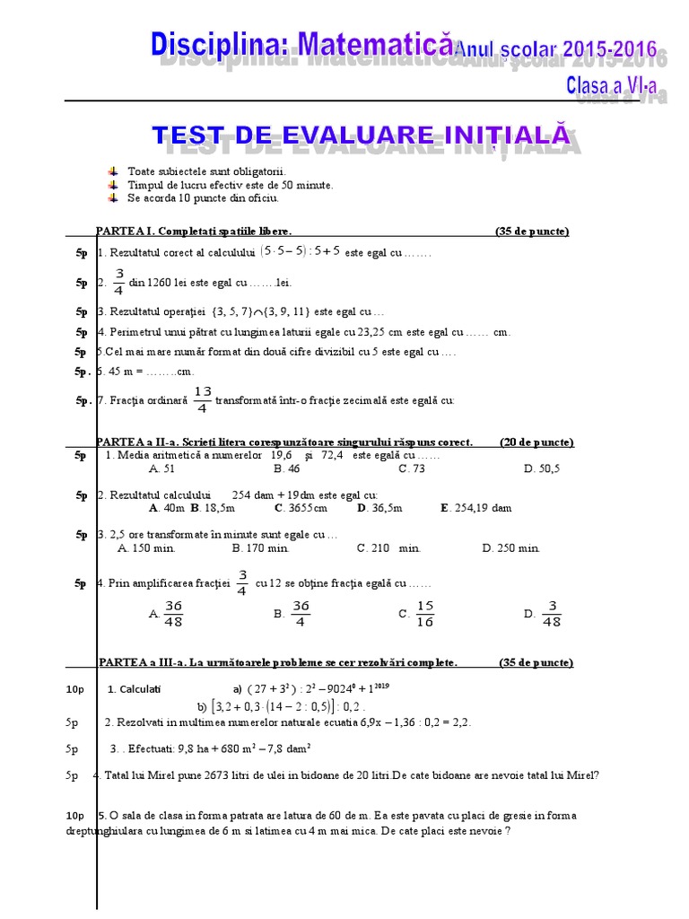 Test Initial Matematica Clasa a Via