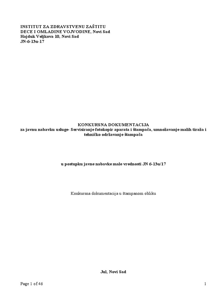 Konkursna Dokumentacija JN 6 13u 17 Servis Fotokopira I Stampaca 1 | PDF