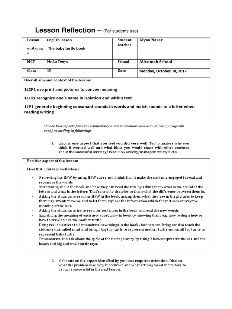 English Lesson Refelction 1 Pdf Classroom Management Classroom