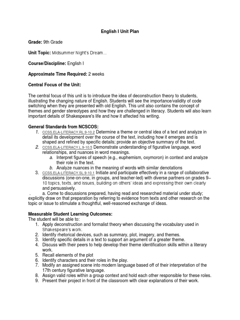 A Midsummer Nights Dream Unit Plan | PDF | Educational Assessment | Dream