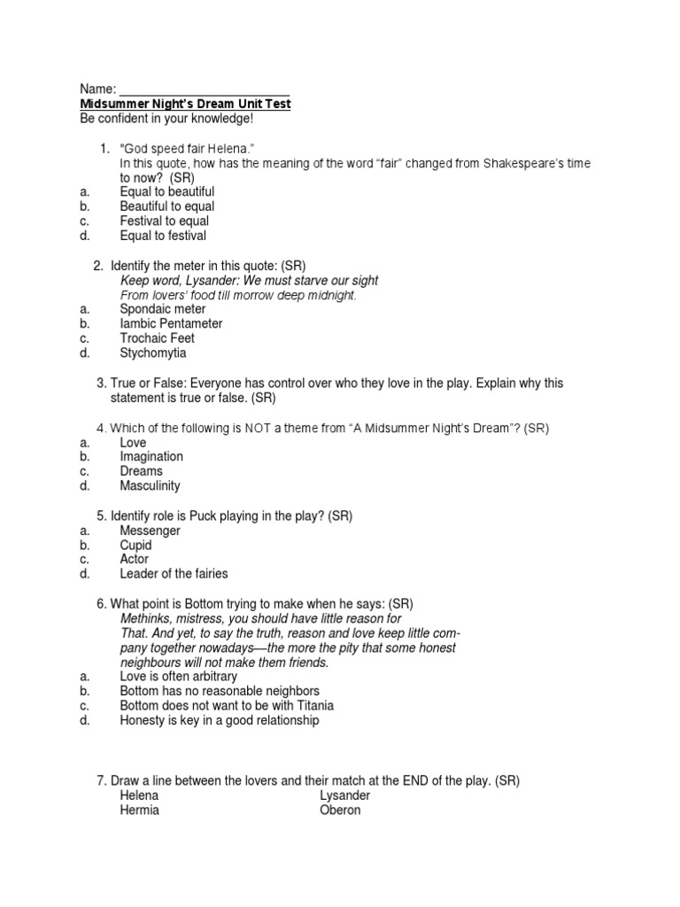 Midsummer Night's Dream Unit Test | PDF | A Midsummer Night's Dream ...