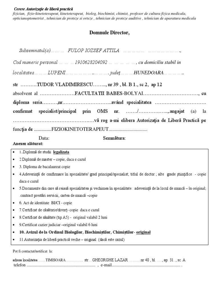 21 Cerere Autorizatie Libera Practica | PDF