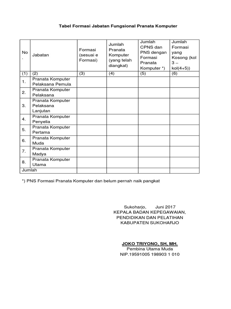 Tabel Formasi Jabatan Fungsional Pranata Komputer | PDF