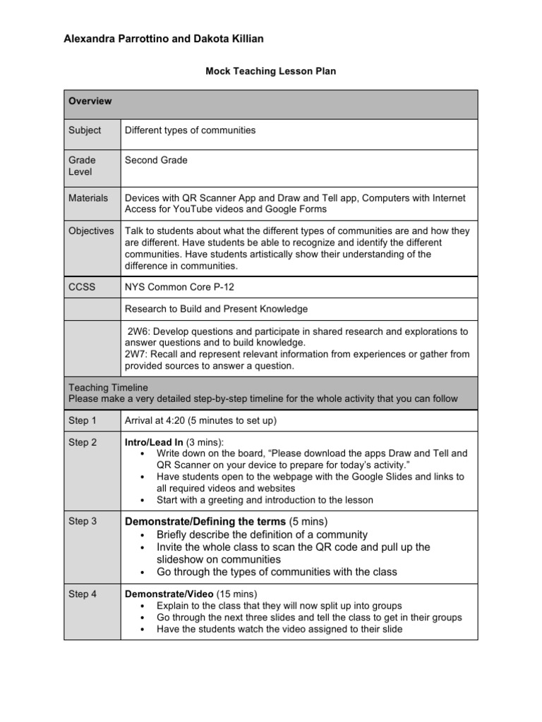 Alexandra Parrottino and Dakota Killian: Mock Teaching Lesson Plan ...