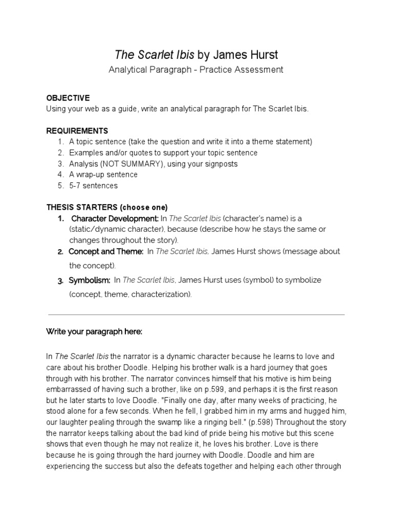 Scarlet Ibis Analytical Paragraph | PDF | General Fiction