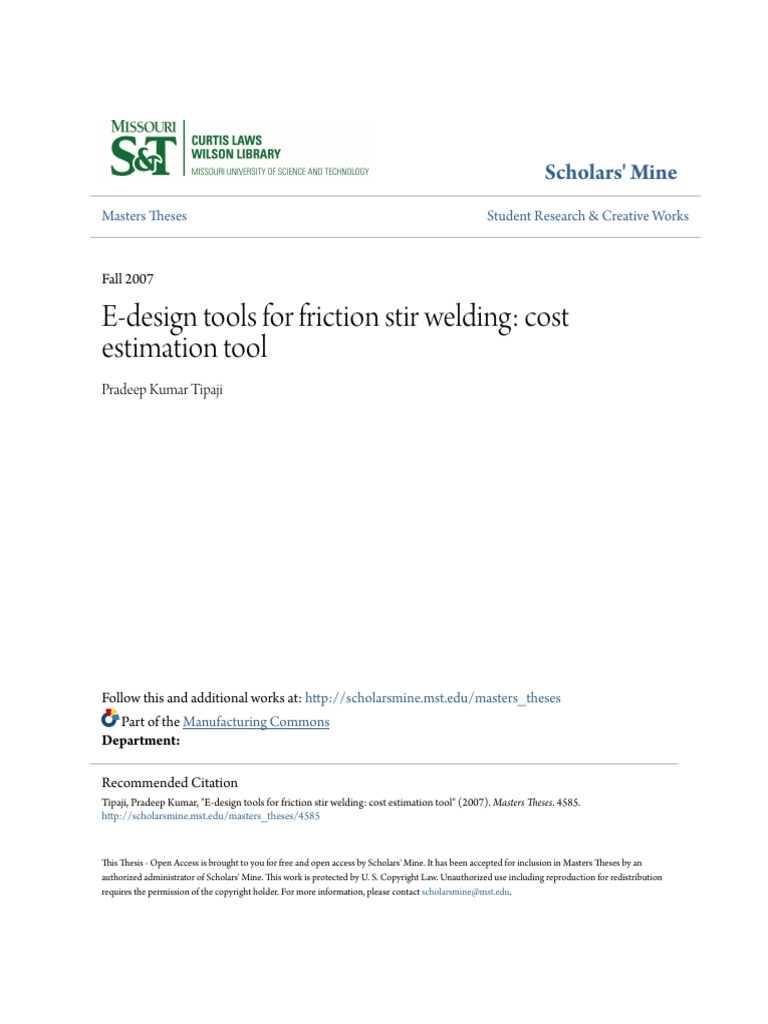 E-Design Tools For Friction Stir Welding - Cost Estimation Tool | PDF ...