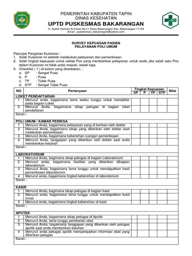 Kuisioner Survei Kepuasan Pasien | PDF