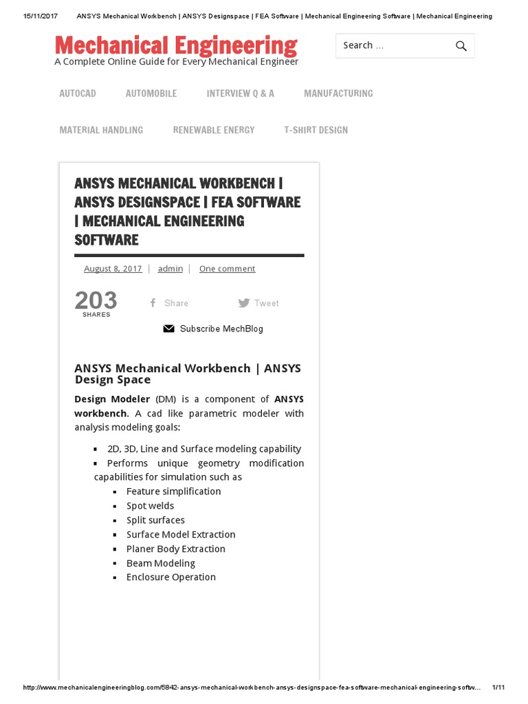 ANSYS Mechanical Workbench - ANSYS Designspace - FEA Software ...