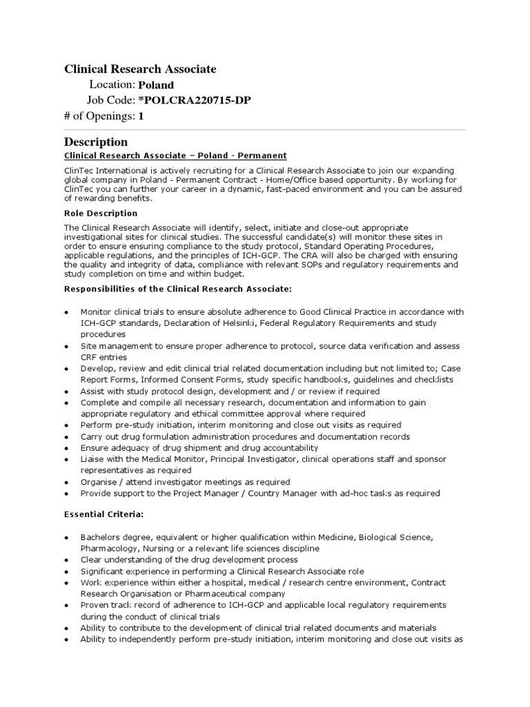 Poland - Clinical Research Associate | PDF | Clinical Trial | Health ...