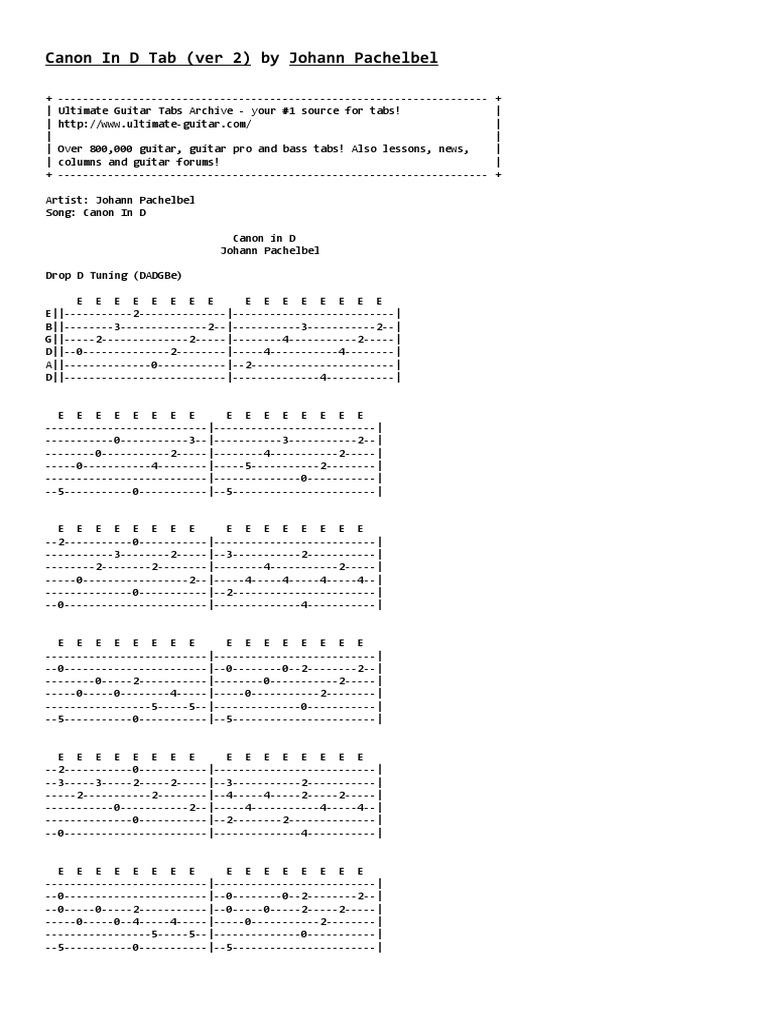 Pachelbel Canon in D - Drop D Guitar Tab | PDF | Pachelbel's Canon ...