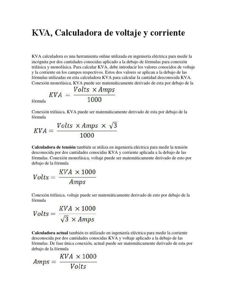 Cálculo de KVA para Transformadores | PDF | Corriente eléctrica | Fórmula