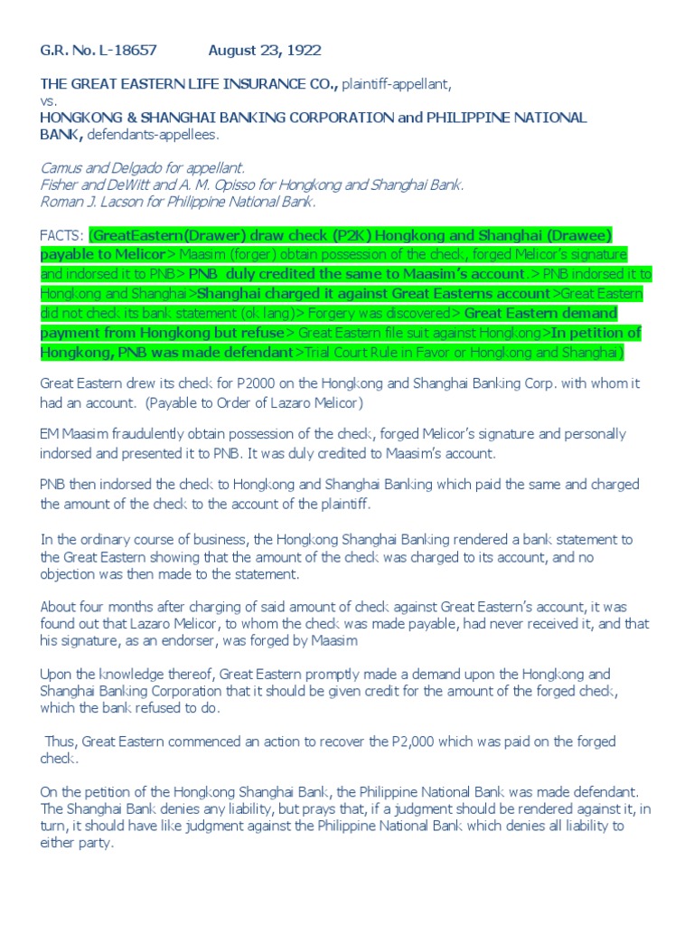 Great Eastern vs. Hongkong - My Digest | PDF | Cheque | Common Law