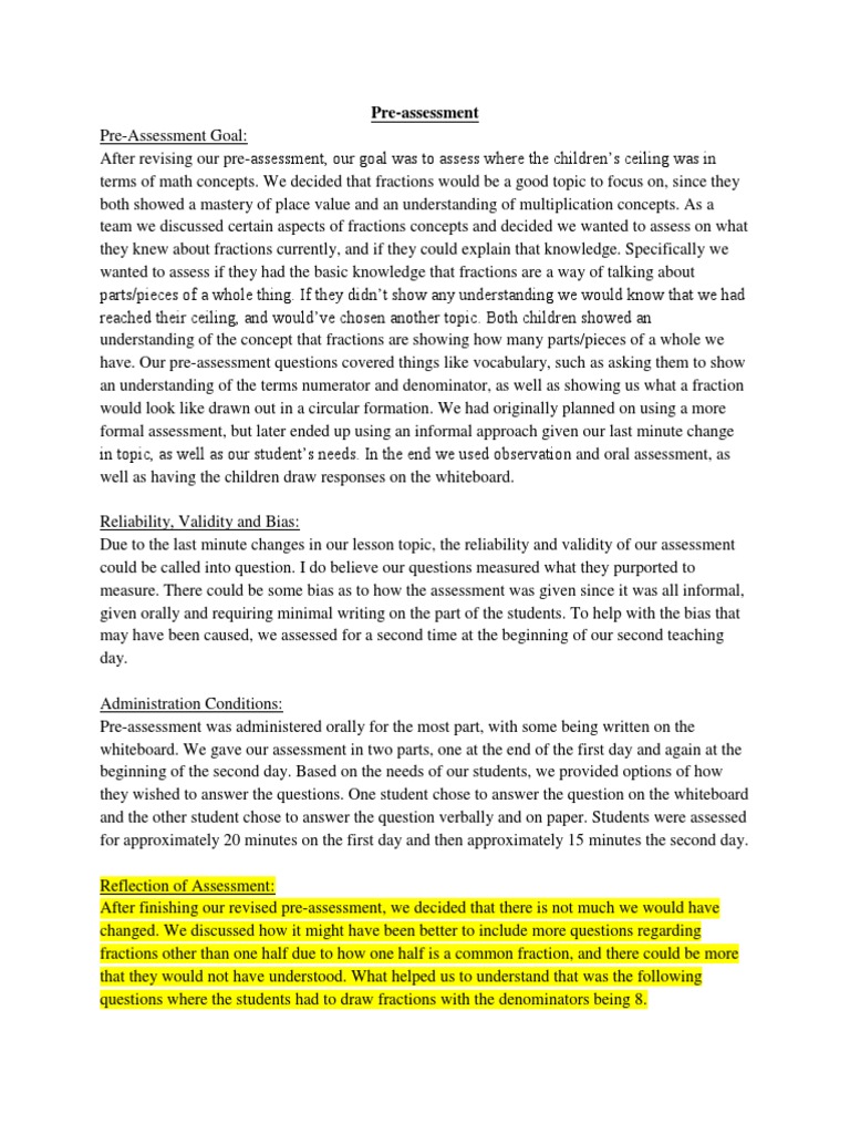 Pre Assessment | PDF | Educational Assessment | Fraction (Mathematics)