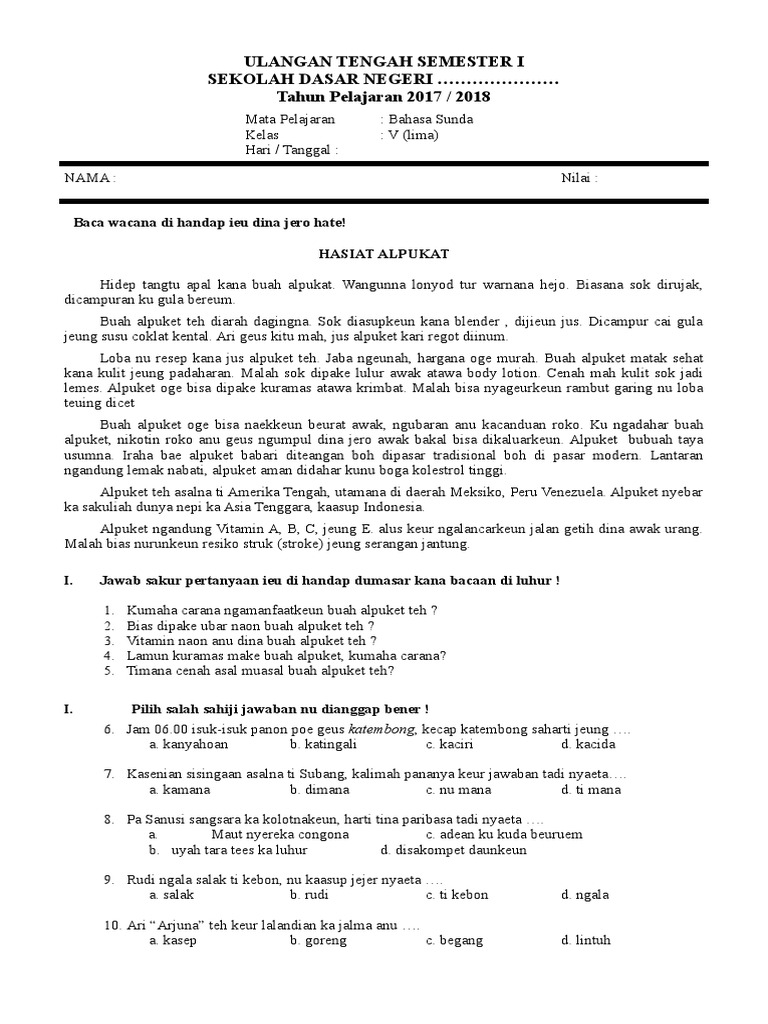 Uts B. Sunda Kls V Semester 1 | PDF