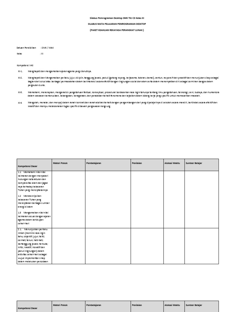 Silabus Pemrograman Desktop SMK TKJ C3 Kelas XI | PDF
