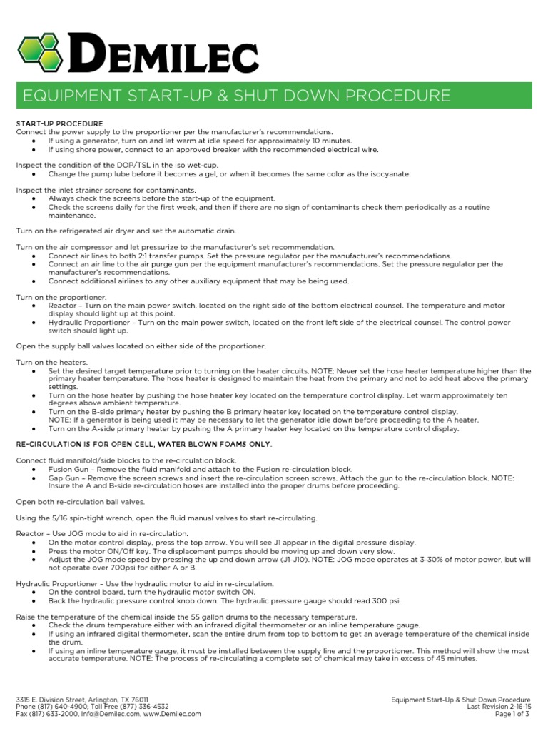Equipment Start Up Shut Down Procedure | PDF | Valve | Hvac