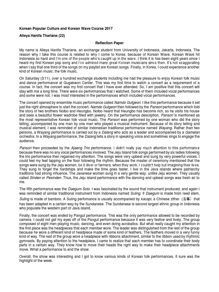 Reflection Paper For Korean Popular Culture and Korean Wave Course 2017 ...