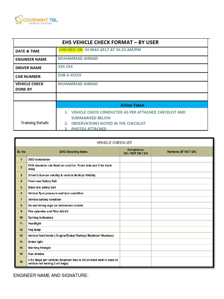 Ehs Vehicle Check Format - by User | PDF
