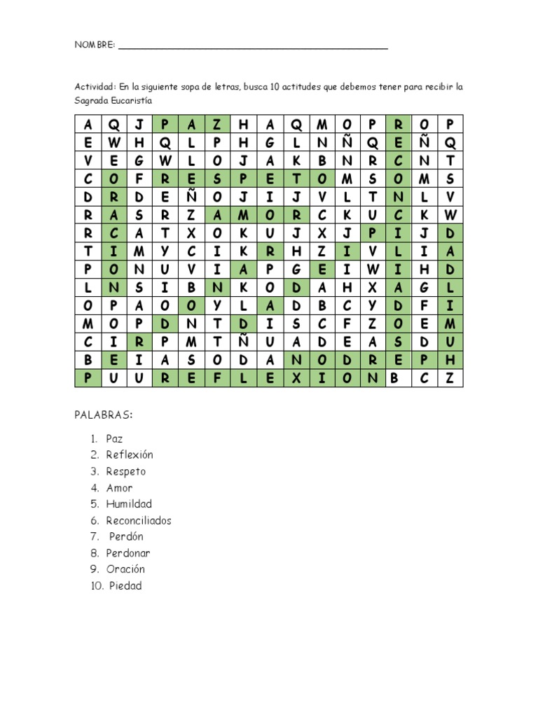 Sopa de Letras (Encuentro La Eucaristía) Solucion | PDF