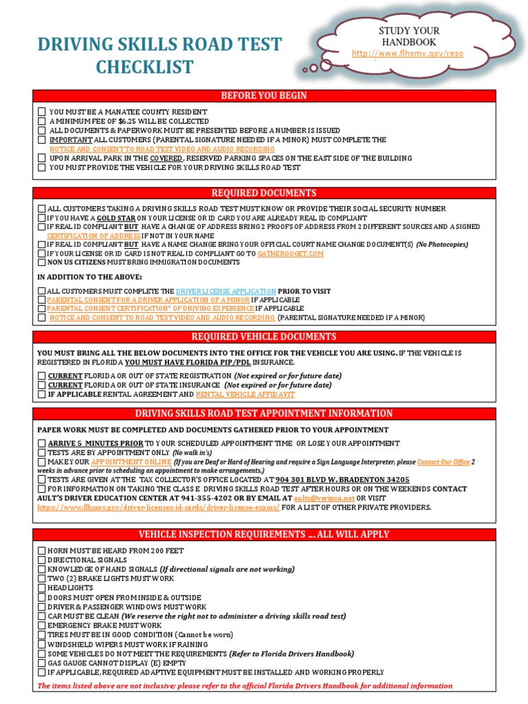 Driving Skills Road Test Checklist: Before You Begin | PDF | Traffic ...