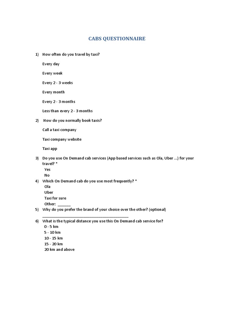 Cabs Questionnaire | PDF | Taxicab | Parking