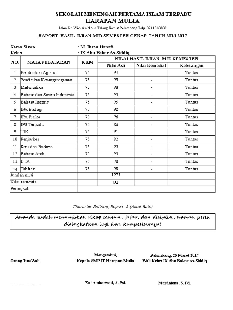 Contoh Rapor Mid | PDF