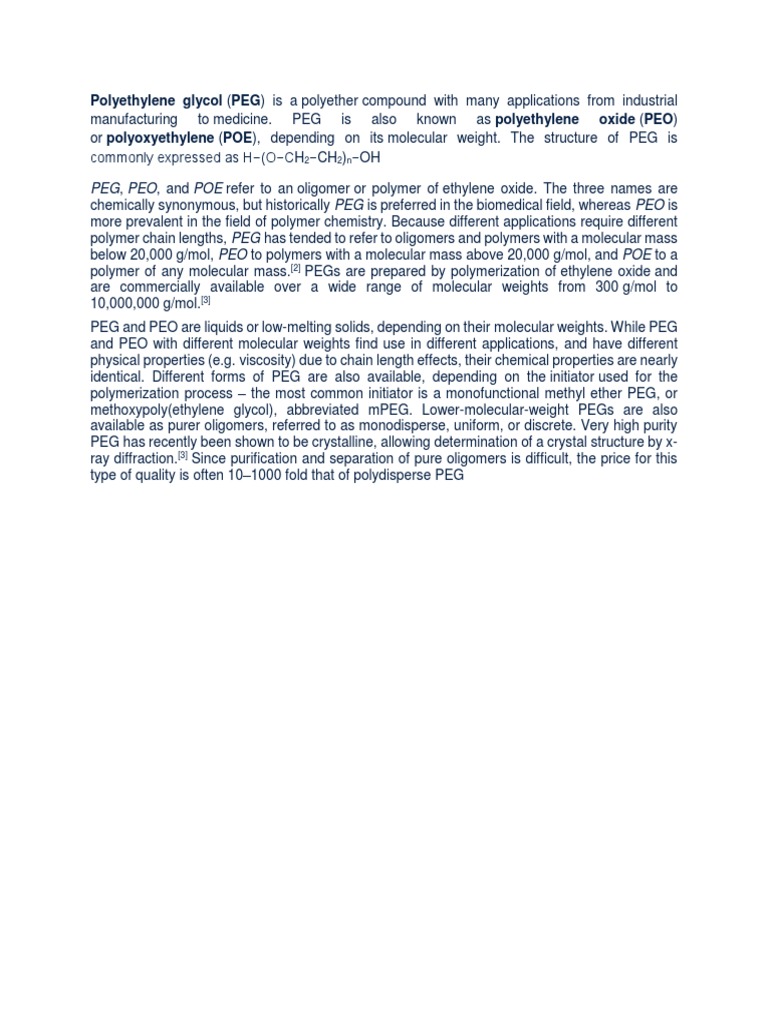 PEG, PEO, and POE Refer To An Oligomer or Polymer of Ethylene Oxide ...