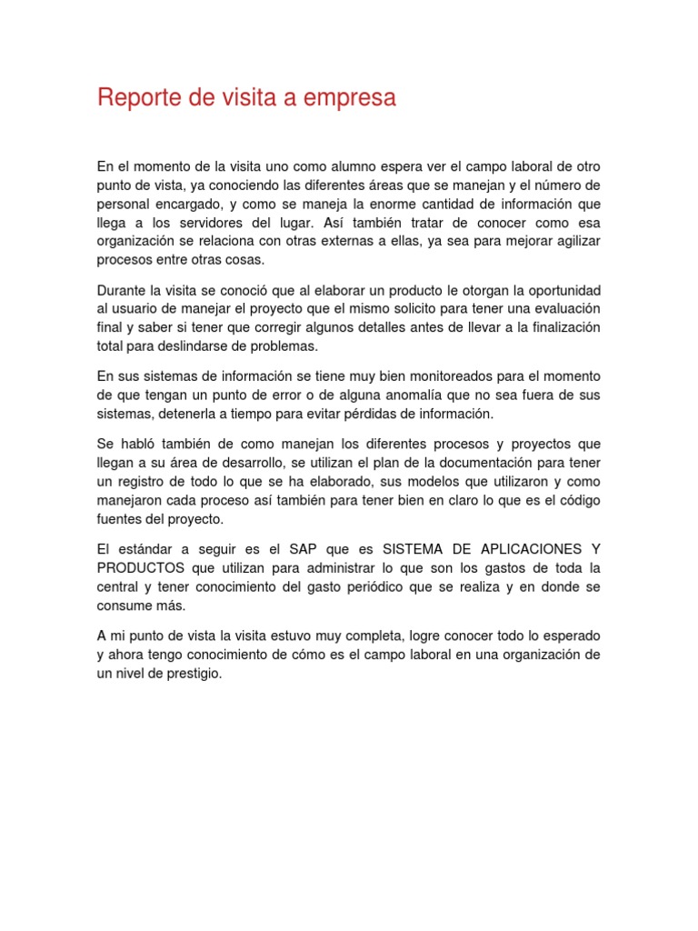 Reporte De Visita A Empresa Pdf