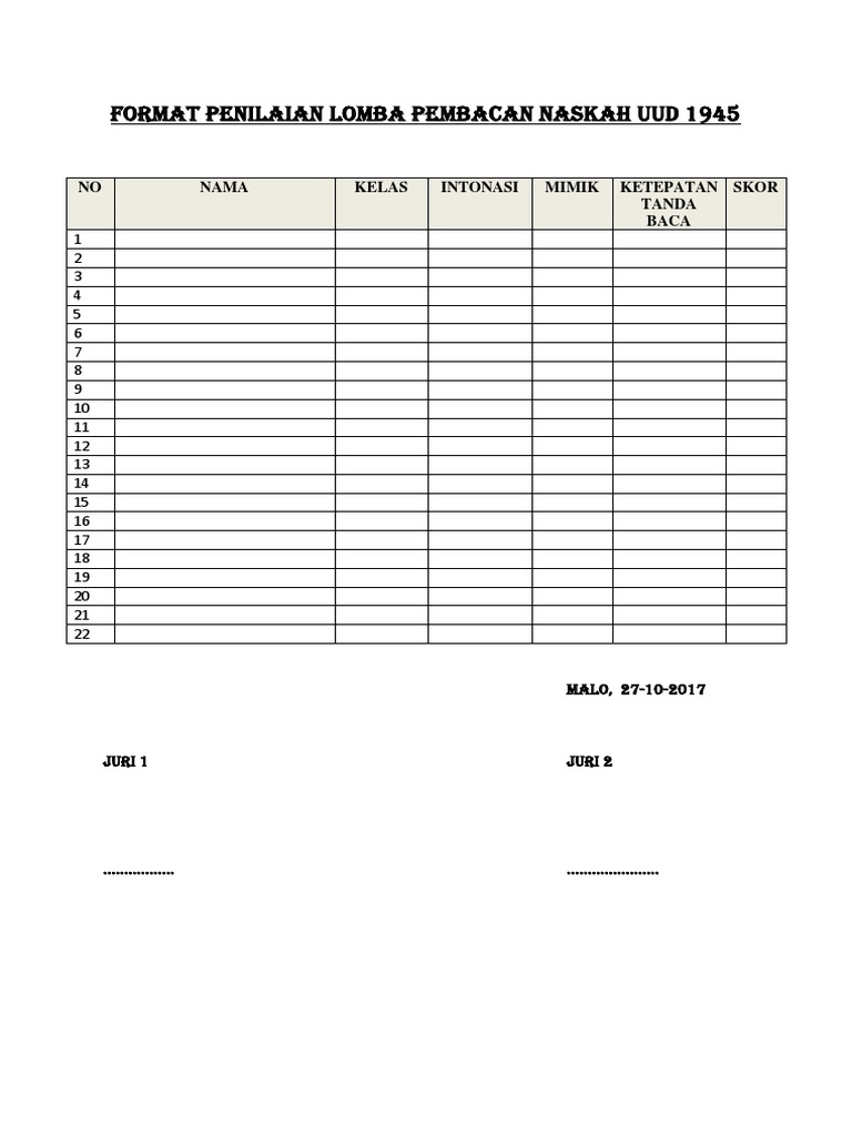 Format Penilaian Lomba Pembacan Naskah Uud 1945 | PDF