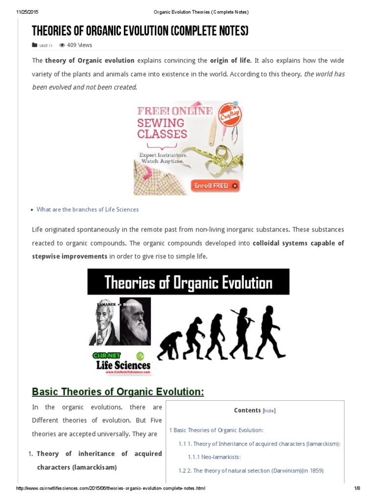 Organic Evolution Theories | PDF | Evolution | Mutation