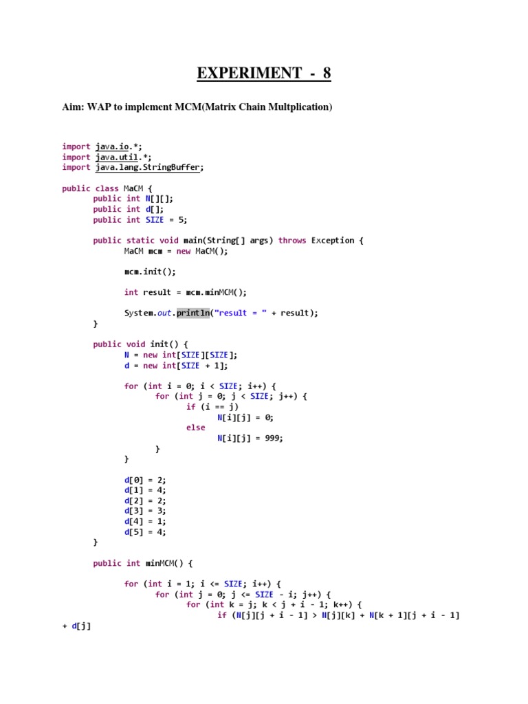 Experiment - 8: Aim: WAP To Implement MCM (Matrix Chain Multplication) | PDF
