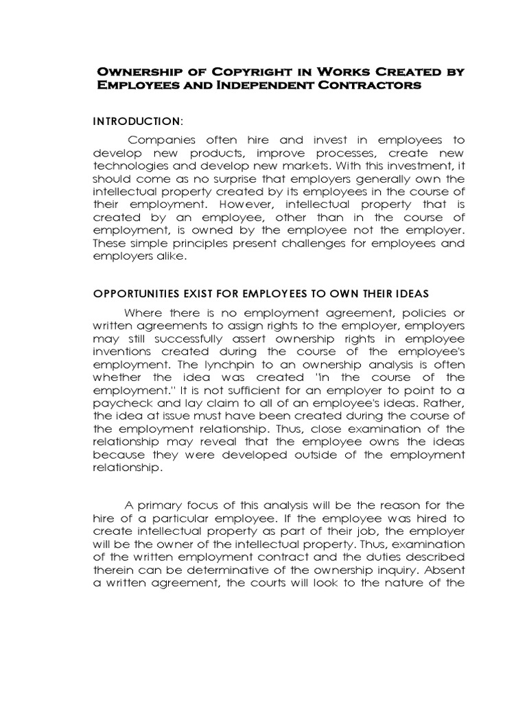 Ownership of Copyright in Works Created by Employees and Independent ...