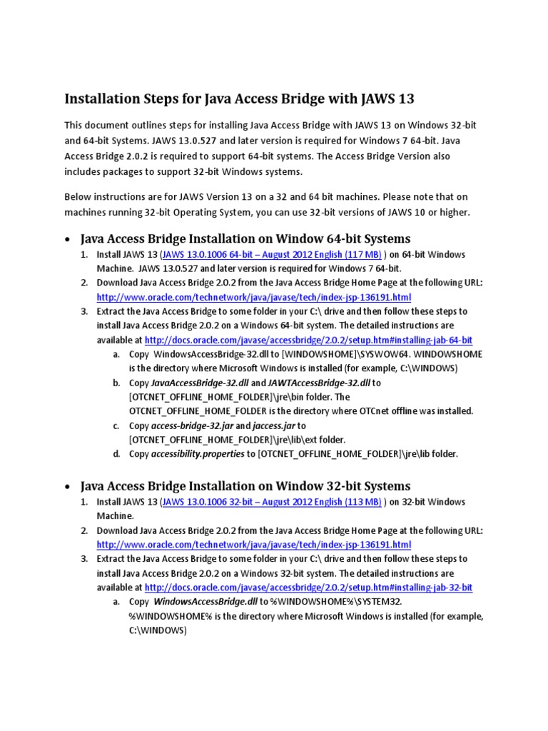 Install Steps For Java Access Bridge JAWS13 | PDF | Java Virtual Machine | 64 Bit Computing