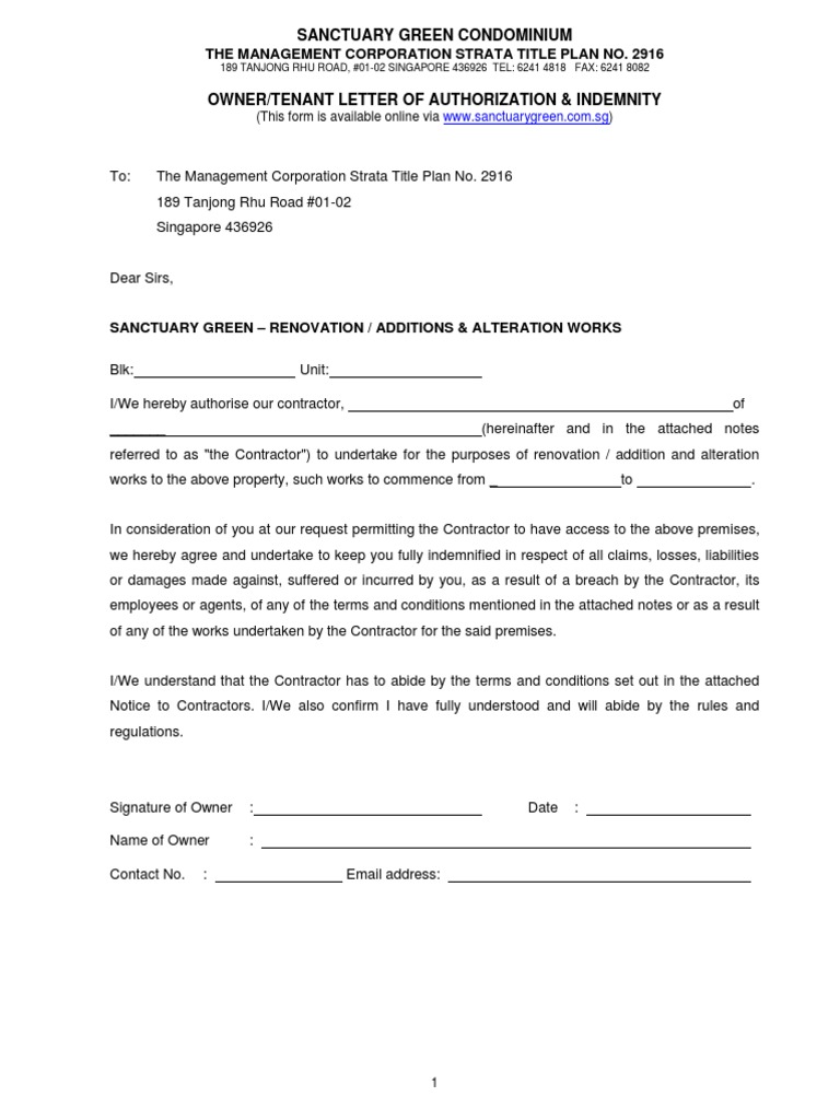 Application for Renovation Work | Indemnity | License