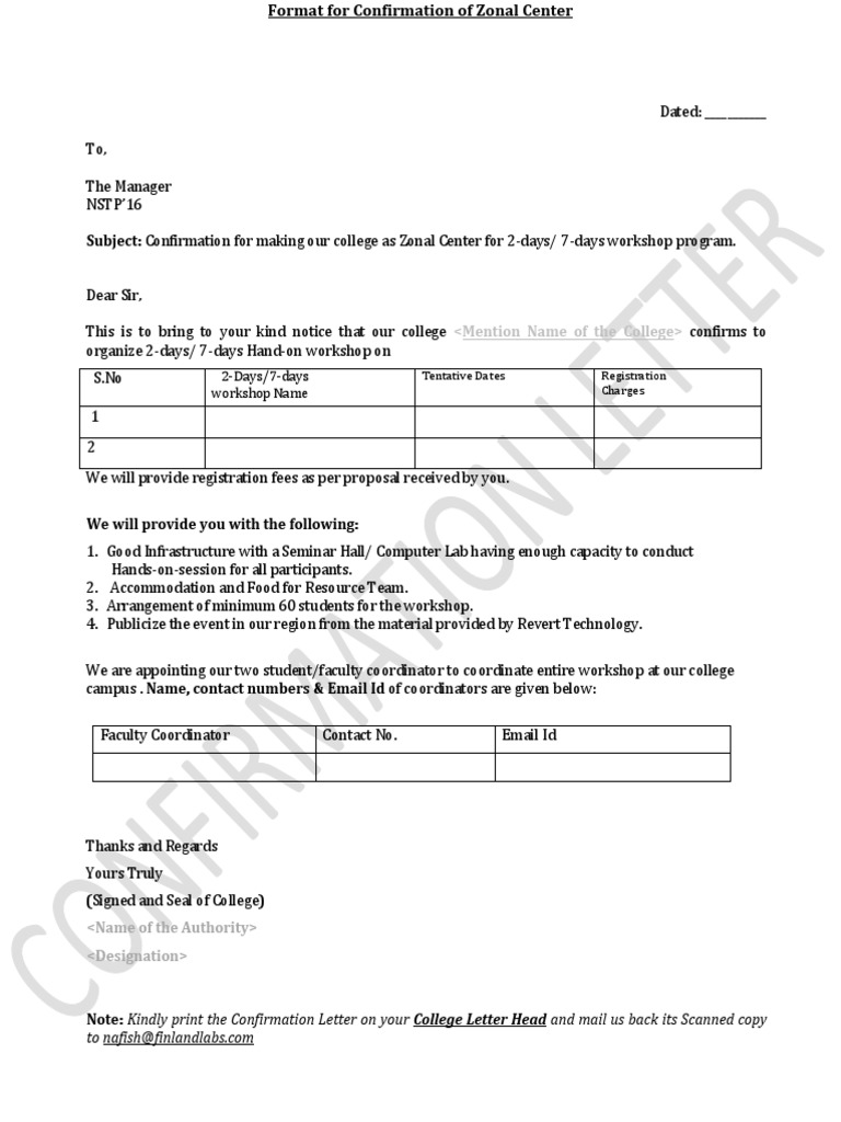 Confirmation Letter For Zonal Center | PDF