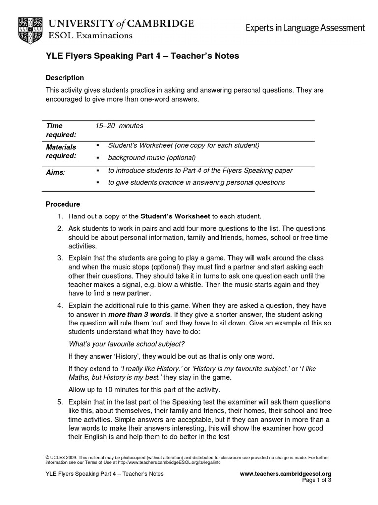 Yle Flyers Speaking Part 4 | PDF | Test (Assessment) | Semiotics