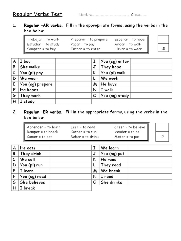 Spanish Regular Verb Test Present Tense | PDF | Grammatical Conjugation ...