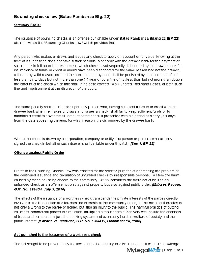 BP22 bouncing checks law overview | PDF | Fraud | Cheque