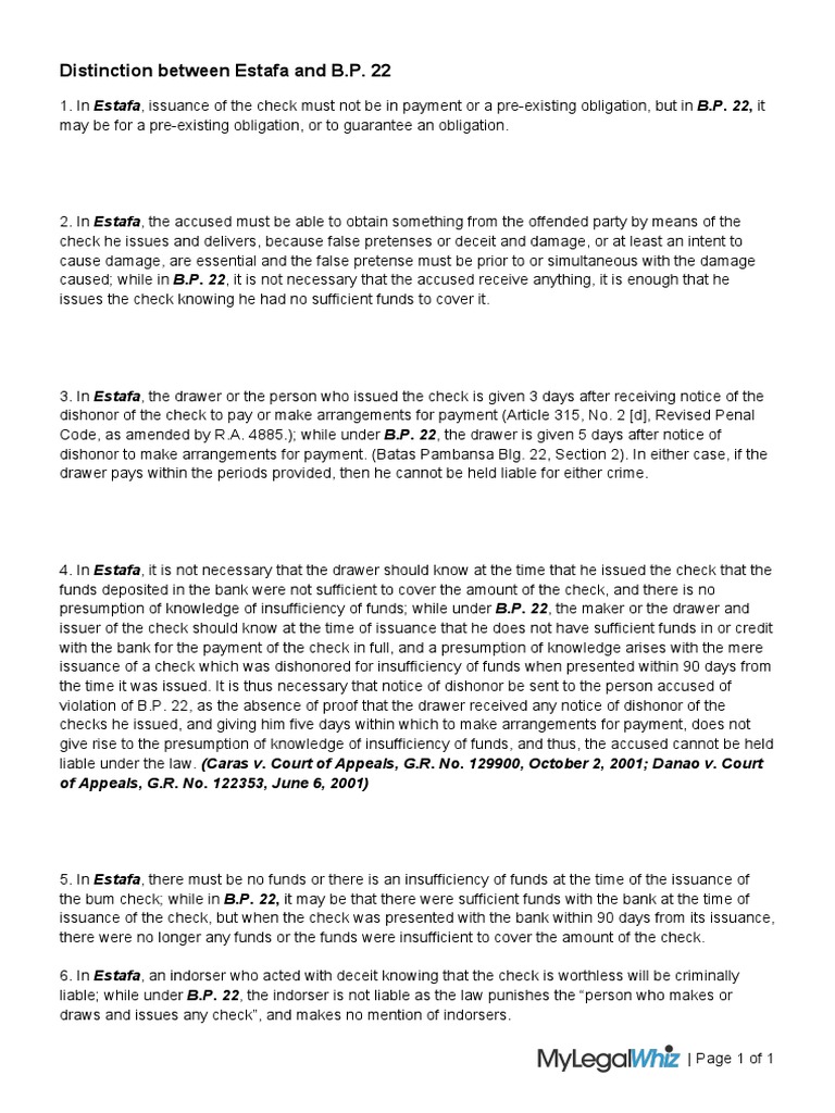 Bp22 - Distinction Between Estafa and BP 22 | PDF | Fraud | Cheque